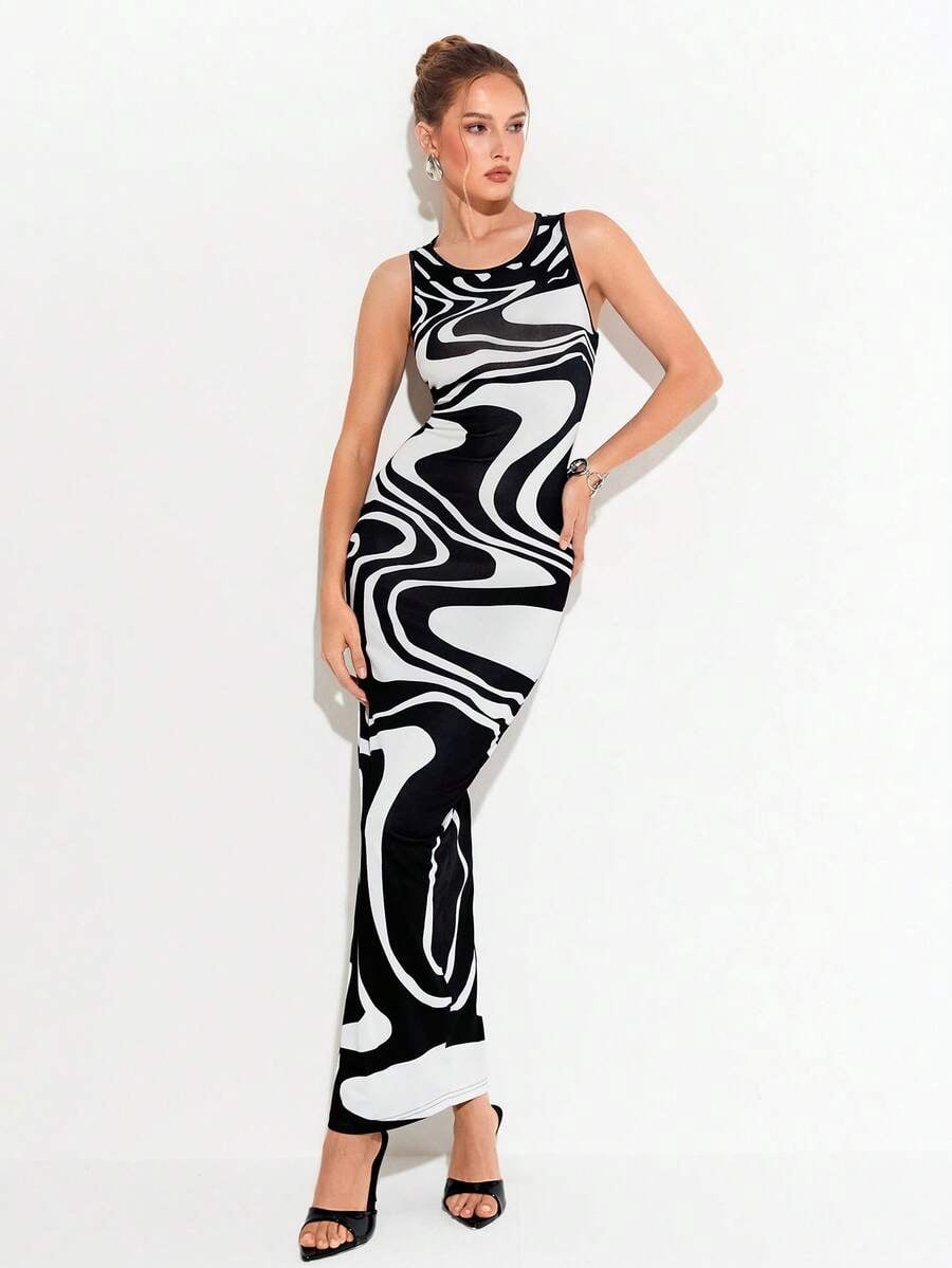 Black And White Swirl Print Sleeveless Bodycon Maxi Dress For Women ...