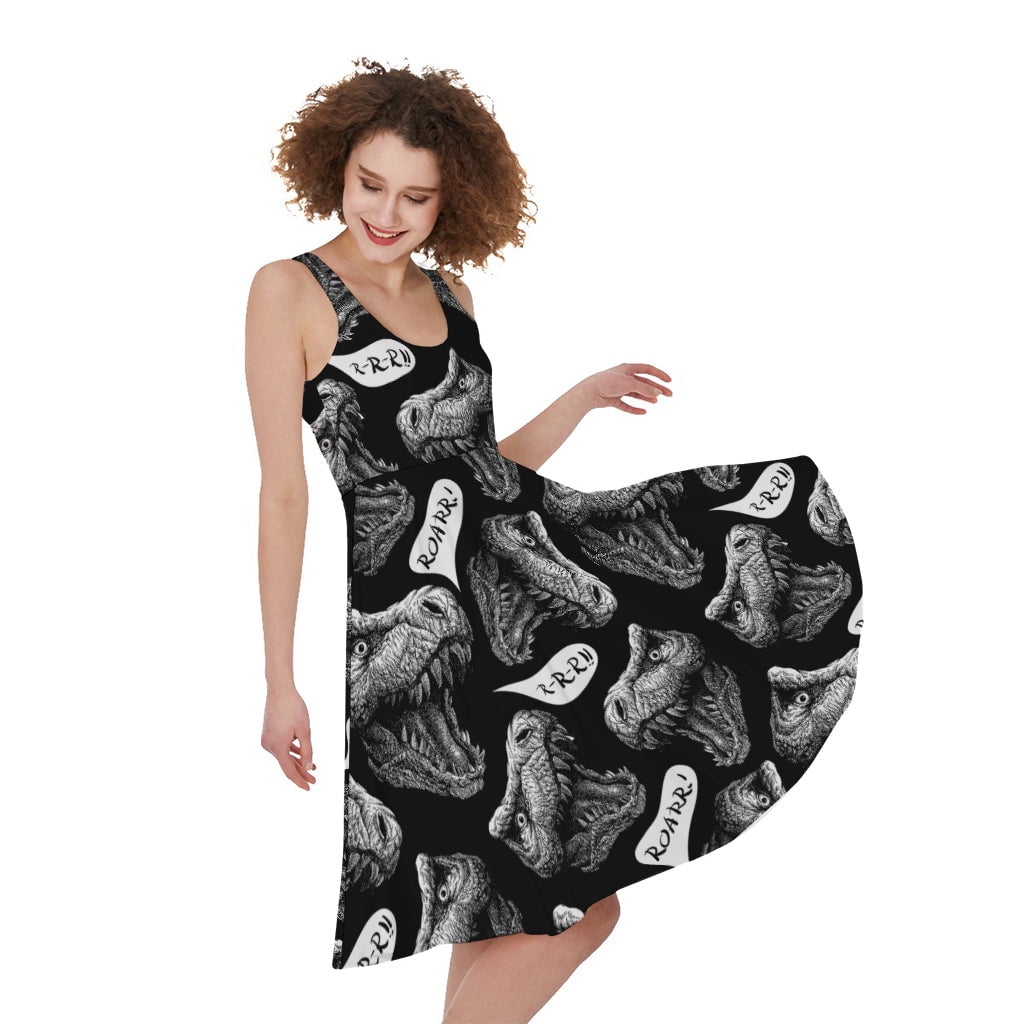 Black And White T-Rex Dinosaur Print Sleeveless Knee Length Dress ...