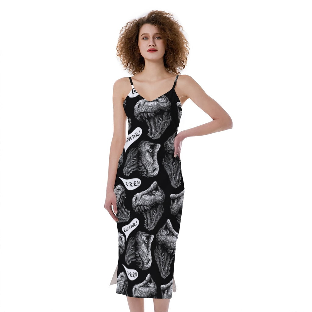 Black And White T-Rex Dinosaur Print Slim Fit Midi Cami Dress, Dinosaur ...