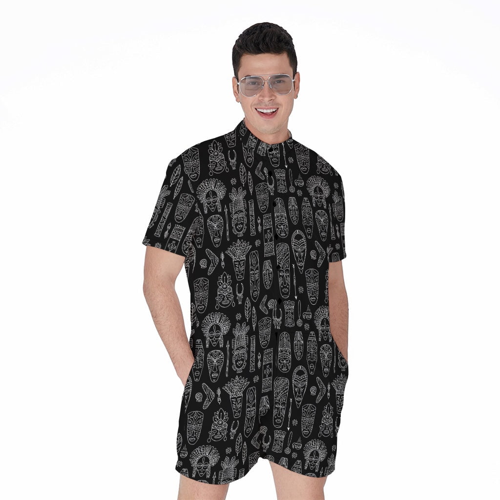 Black And White Totem Pattern Short Sleeve Men'S Rompers Casual Summer ...
