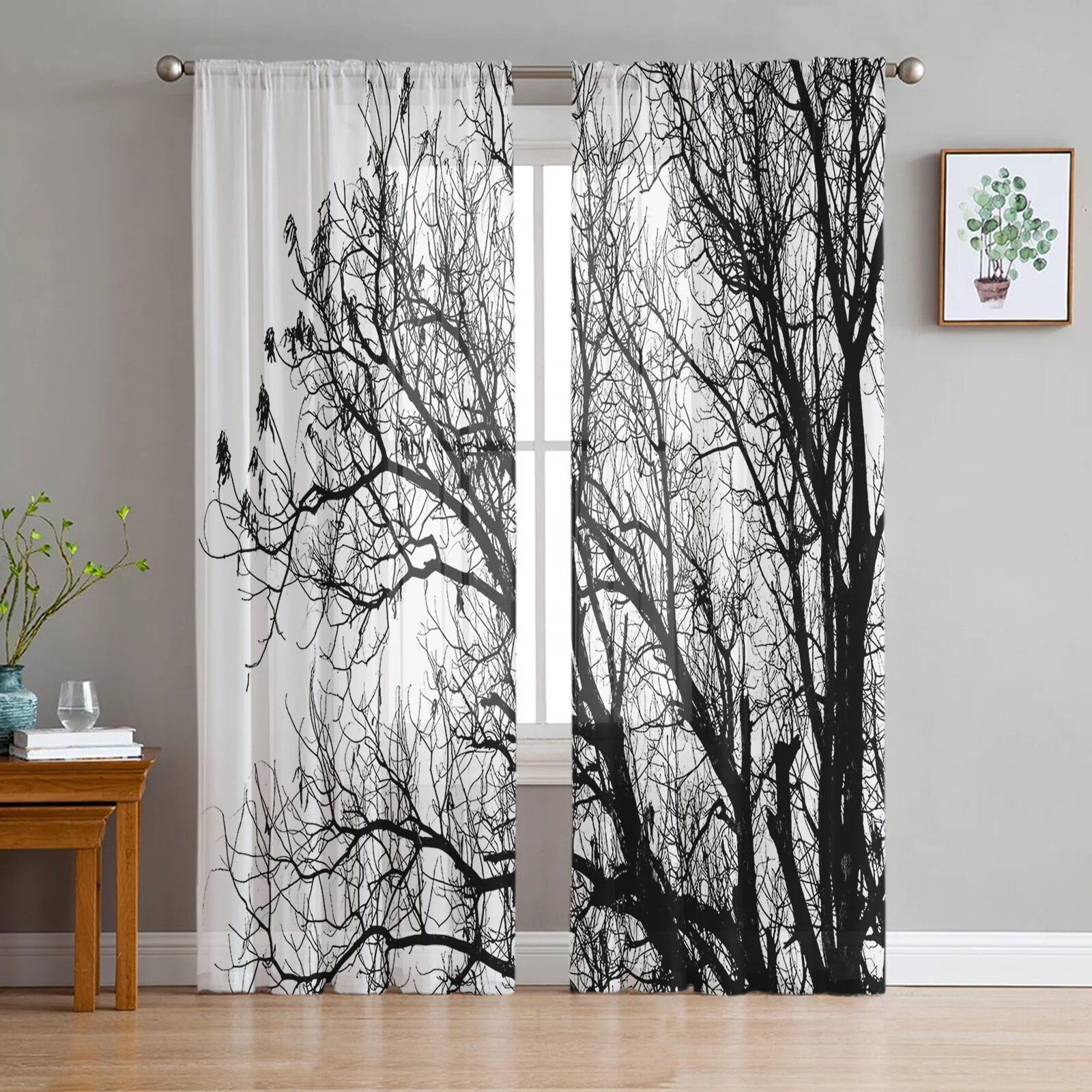 Black And White Trees Sheer Curtains for Living Room Bedroom Kitchen ...