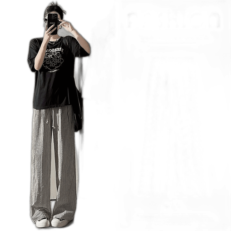Black And White Vertical Striped Wide Leg Pants Female High Waist
