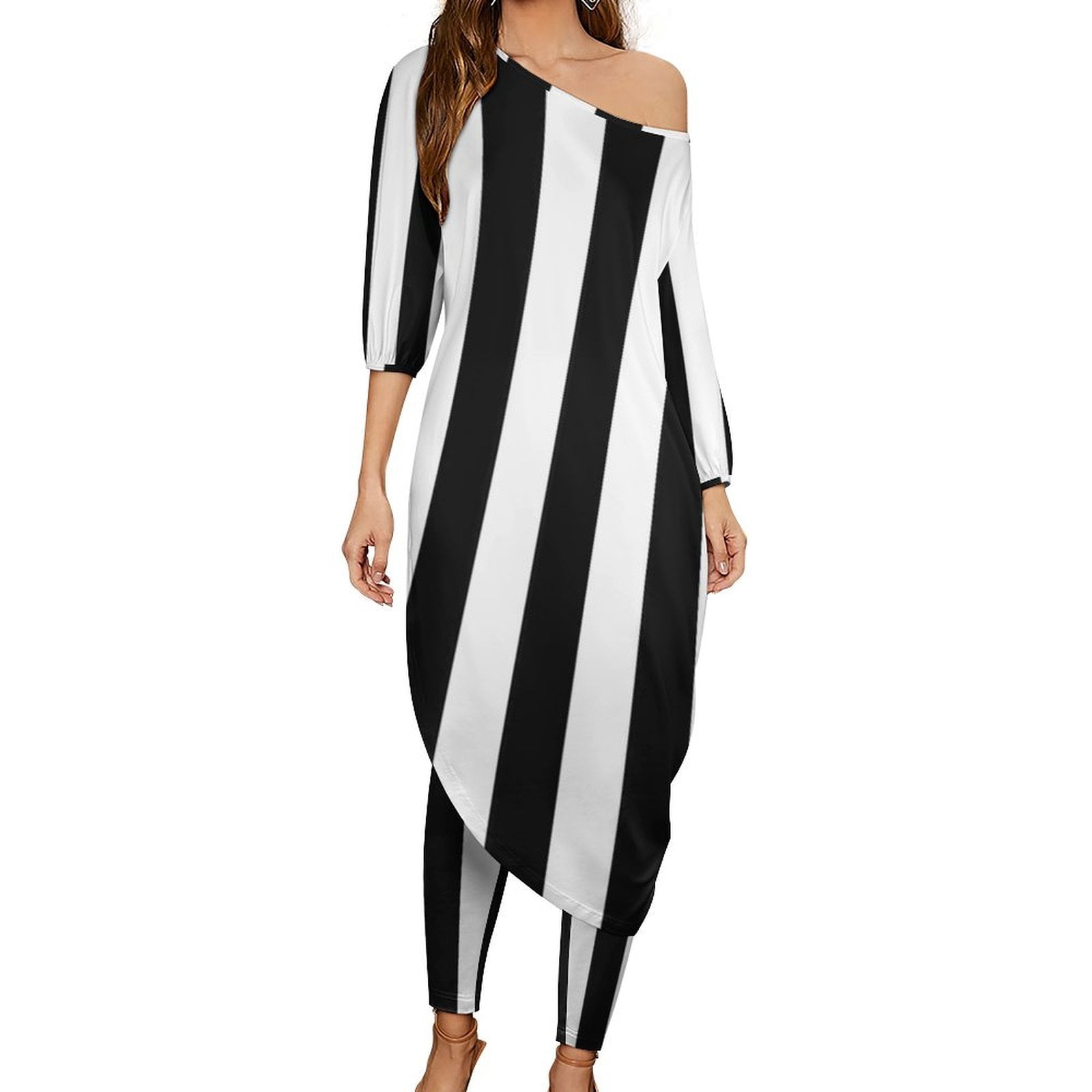 Black And White Vertical Stripes Elegant Casual Diagonal Shoulder 2PCS ...
