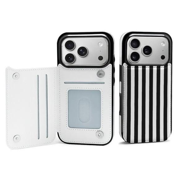 Black And White Vertical Stripes Leather Wallet Case for iPhone 16 Pro ...