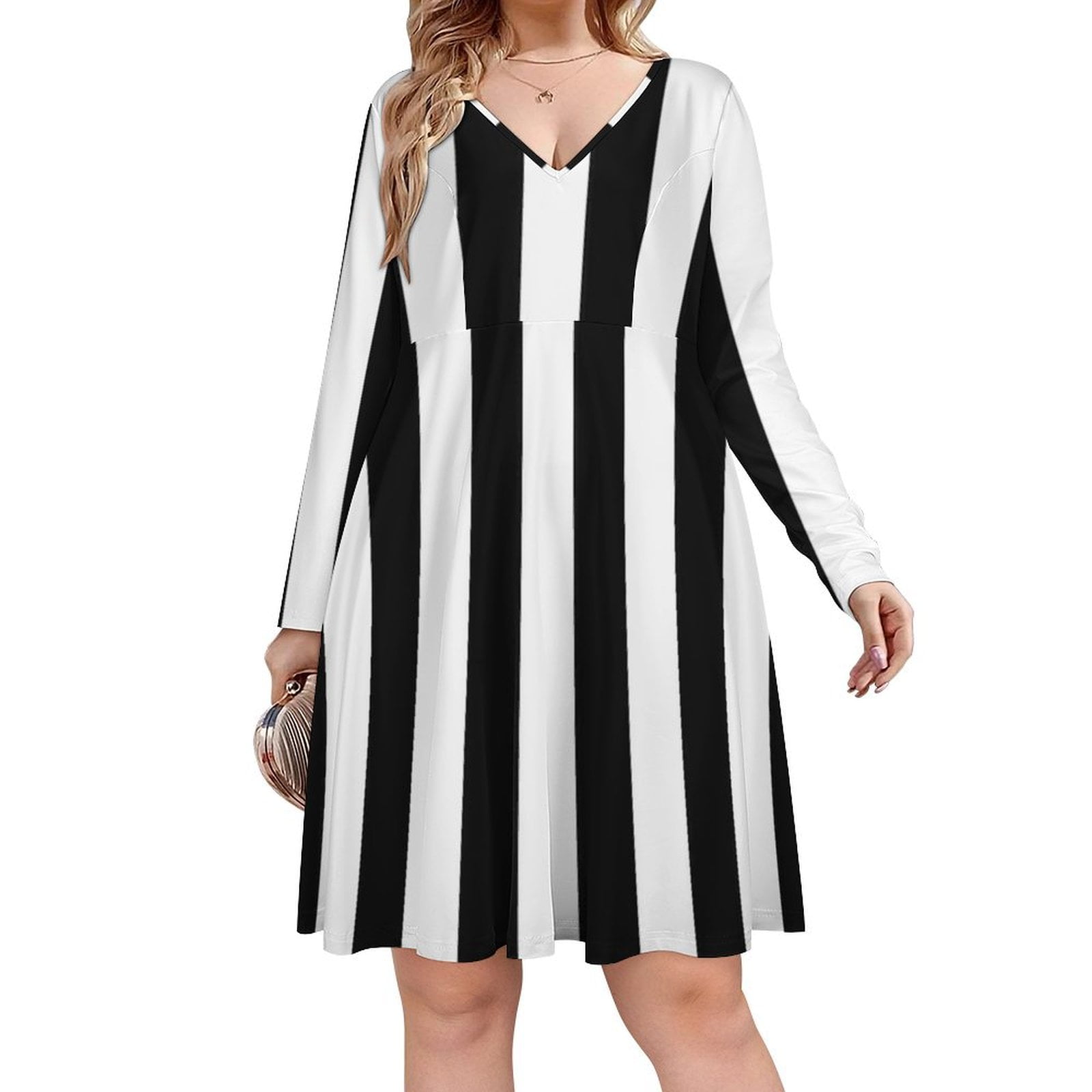 Black And White Vertical Stripes Long Sleeve Dresses For Women Vintage ...