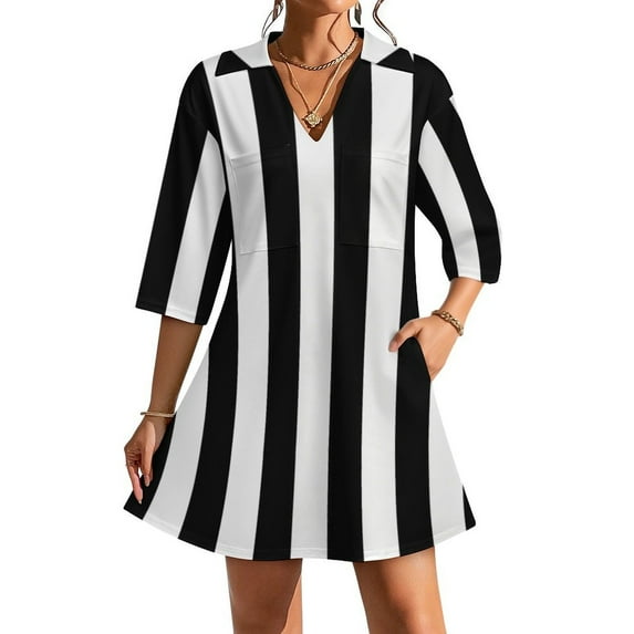 Black And White Vertical Stripes Womens Dress With Pockets Summer V ...