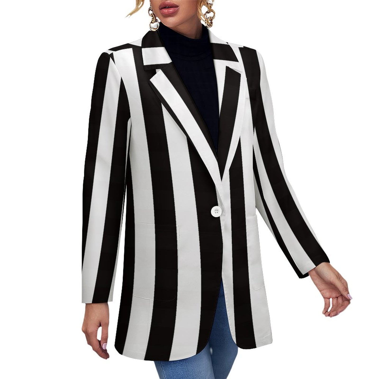 Black And White Vertical Woman Casual Loose Suits Summer Jacket Woman ...