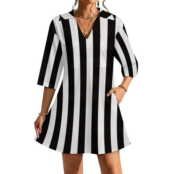 Black And White Vertical Womens Dress With Pockets Summer V Neck 3/4 ...