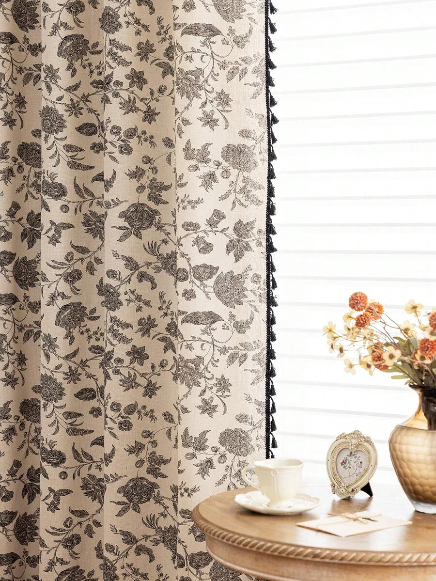 Black And White Vintage Floral Printed Semi-Sheer Curtain With Tassels ...