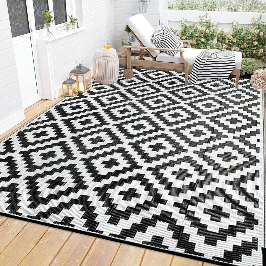 Black And White Waterproof Outdoor Rug 5x8 Ft, Plastic Reversible ...