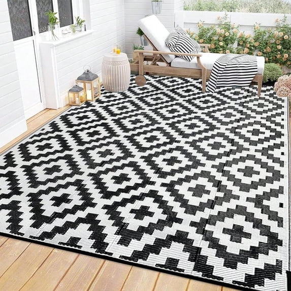 Black And White Waterproof Outdoor Rug 5x8 Ft, Plastic Reversible ...
