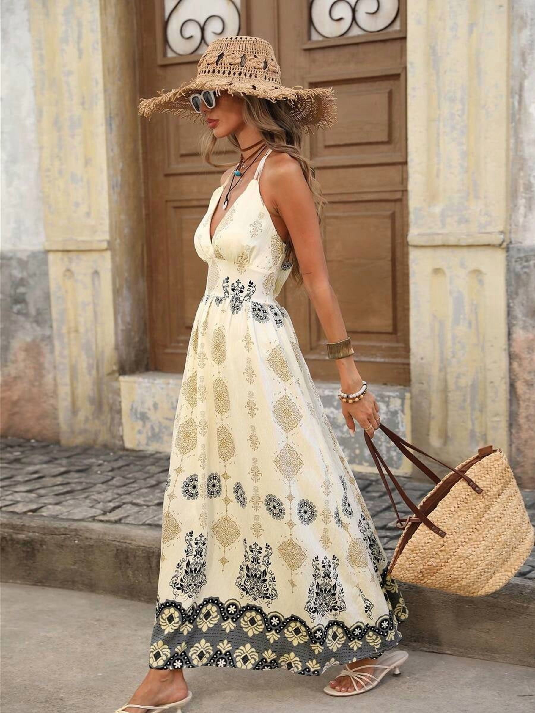 Black And White Womens Backless Geometric Jacquard Maxi Vacation Dress ...