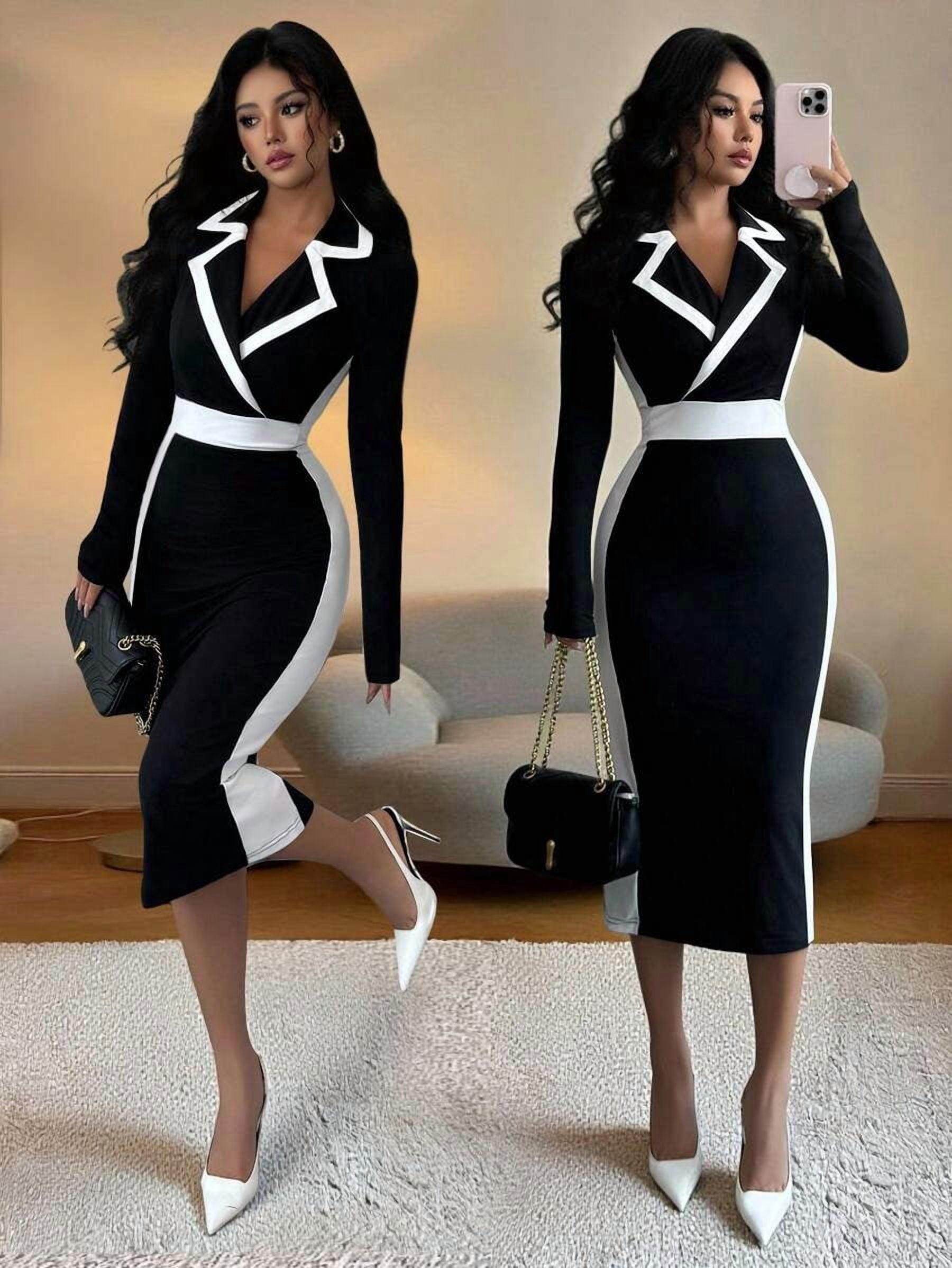 Black And White Womens Contrast Color Blazer Collar Fitted Bodycon Long ...