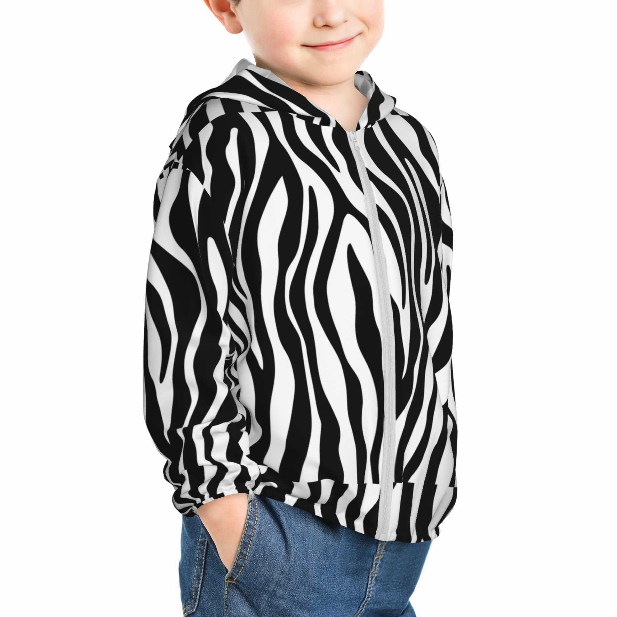 Black And White Zebra Print Kids Zip-Up Hoodie Girls Boys Sun Protection Jacket Hooded Cooling ...
