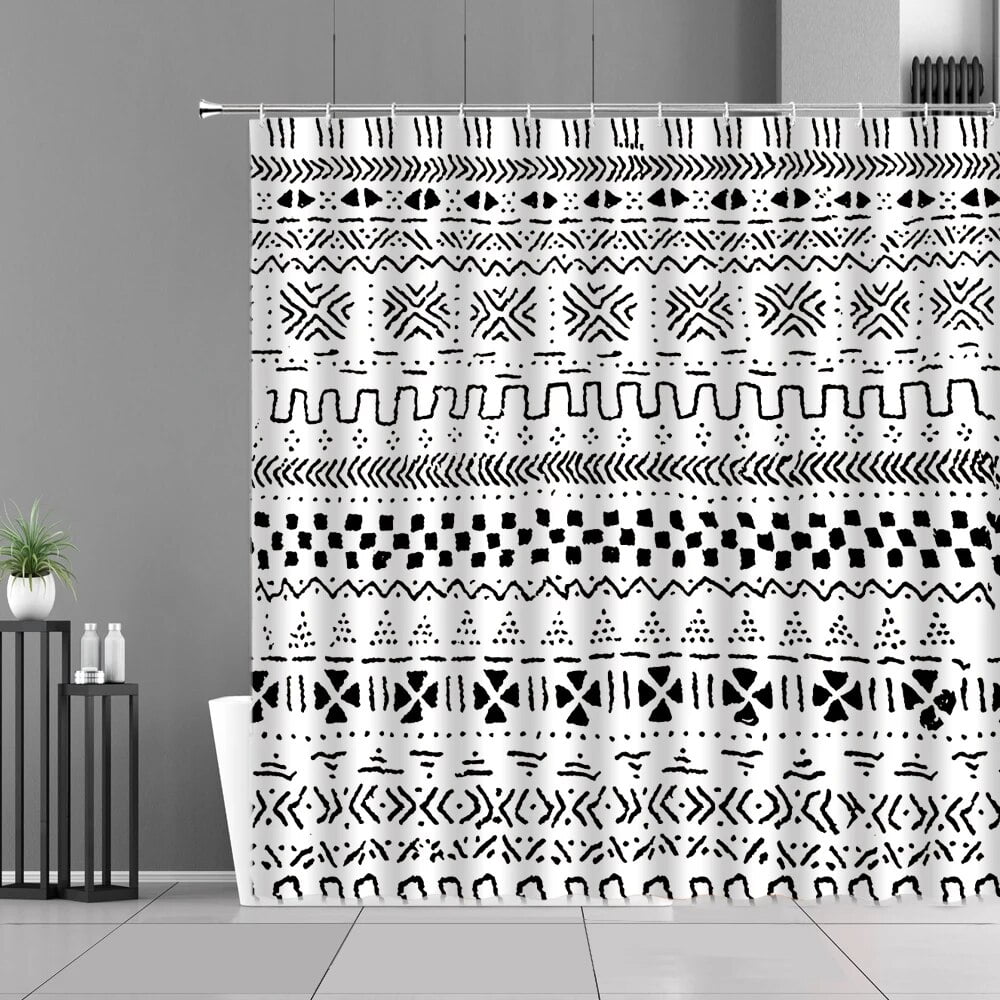 Black And White a Leaves Pattern Shower Curtains Geometry Stripes Lattice Waterproof Bathroom ...