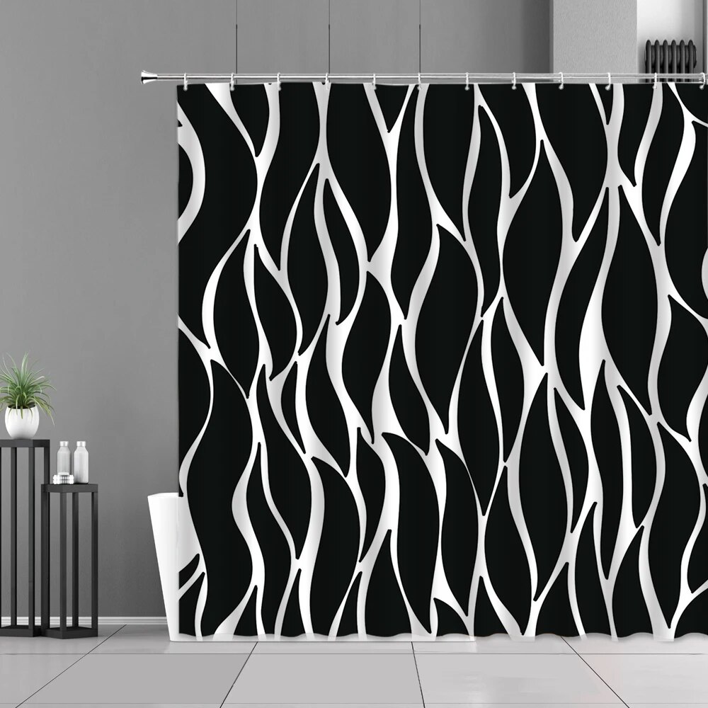 Black And White a Leaves Pattern Shower Curtains Geometry Stripes Lattice Waterproof Bathroom ...