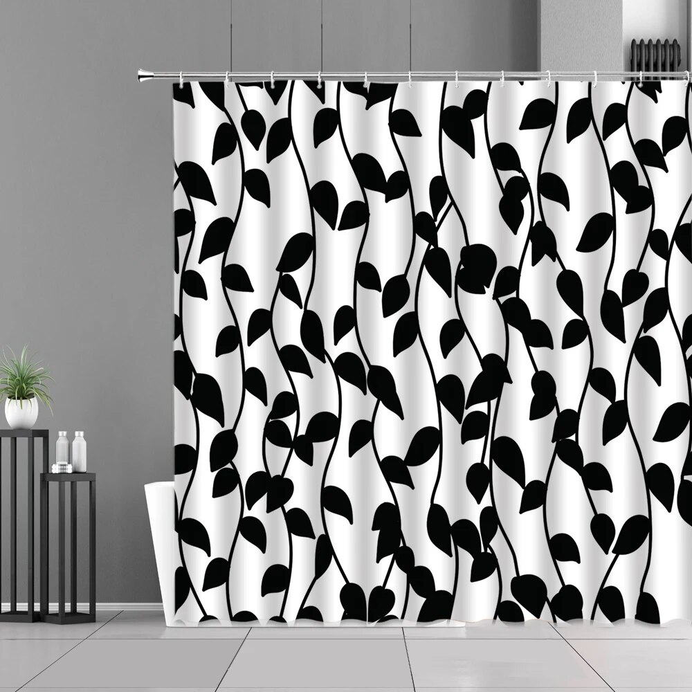 Black And White a Leaves Pattern Shower Curtains Geometry Stripes Lattice Waterproof Bathroom ...