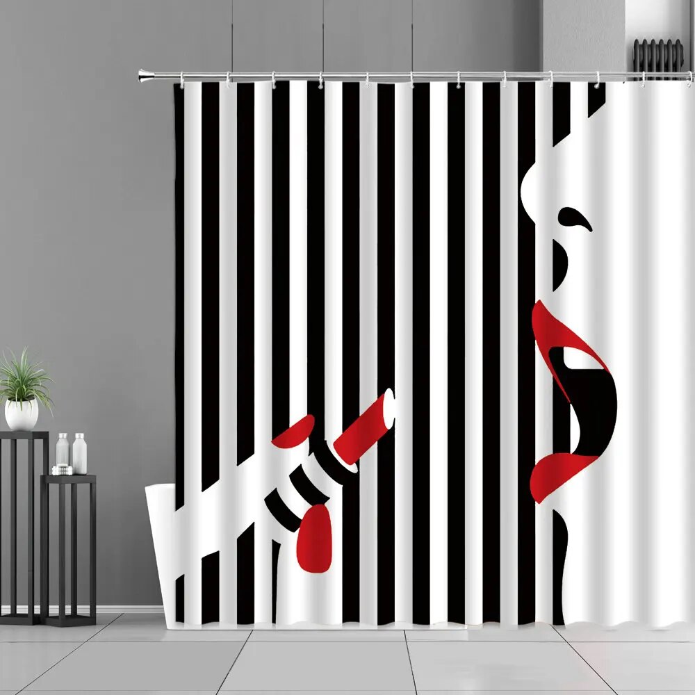 Black And White a Leaves Pattern Shower Curtains Geometry Stripes Lattice Waterproof Bathroom ...