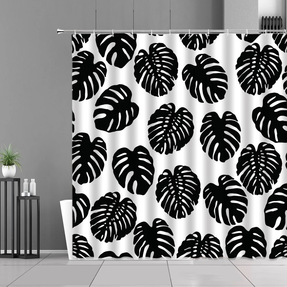 Black And White a Leaves Pattern Shower Curtains Geometry Stripes Lattice Waterproof Bathroom ...