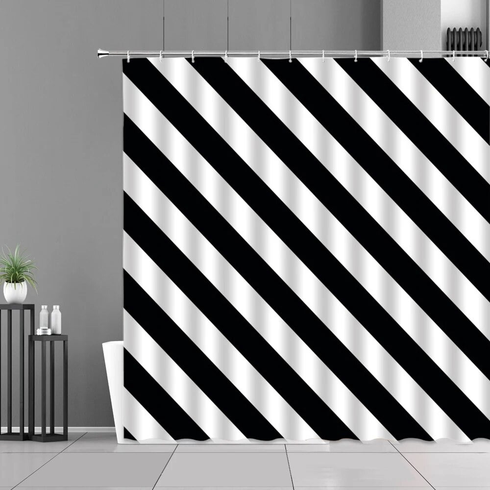 Black And White A Leaves Pattern Shower Curtains Geometry Stripes