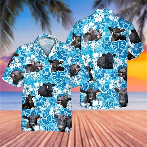 Black Angus Blue Floral Hawaiian All Over Printed Hawaiian Shirt ...