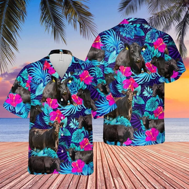 Black Angus Blue Neon Tropical Cattle Hawaii Shirt, Unisex Print Aloha ...