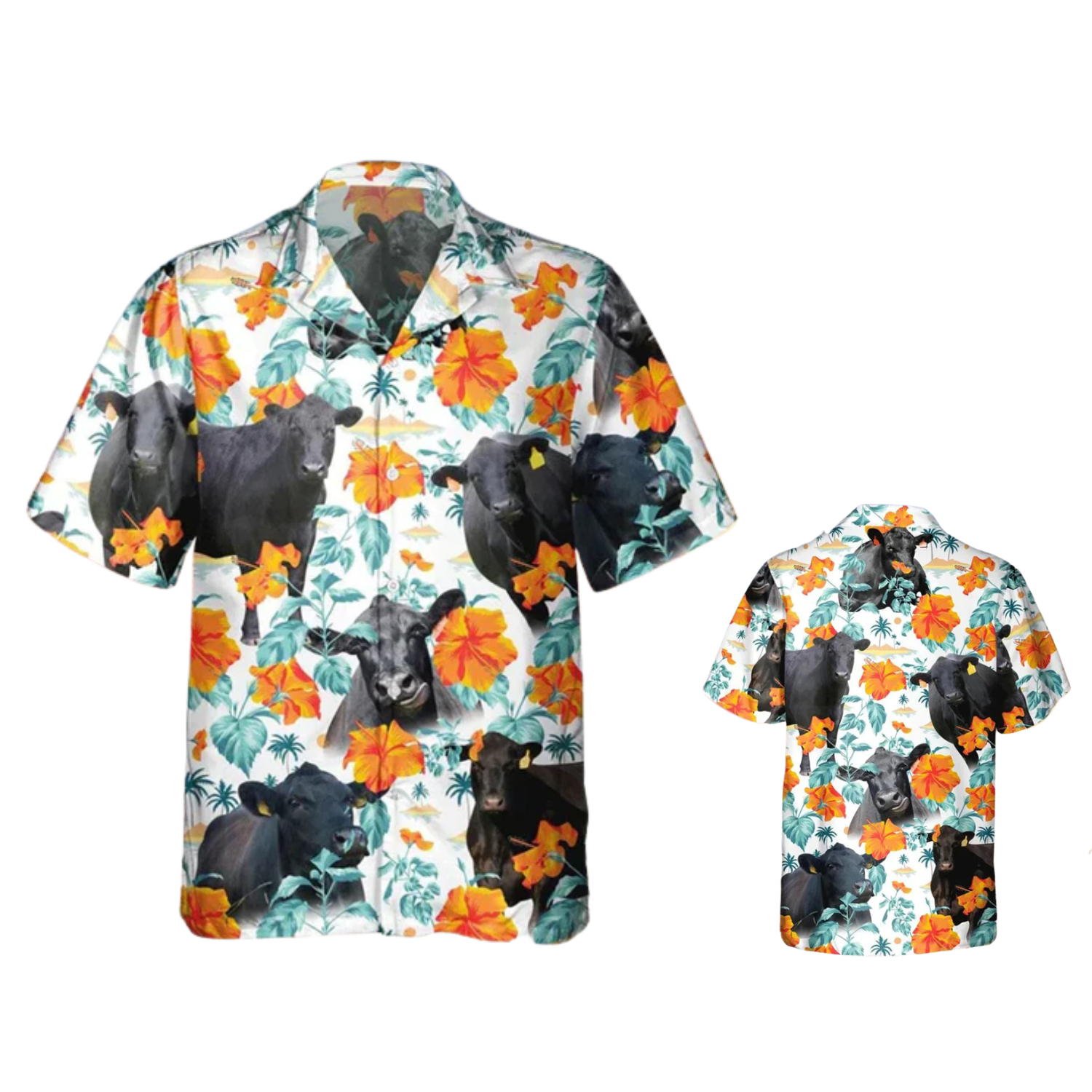 Black Angus Bright Hibiscus Flowers Hawaiian Shirt, Men's Cow Hawaiian ...