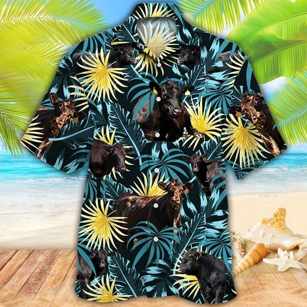 Black Angus Cattle Blue And Yellow Tropical Plants Hawaiian Shirt ...