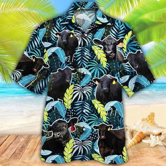 Black Angus Cattle Lovers Jungle Leaves Hawaiian Shirt, Unisex Print ...