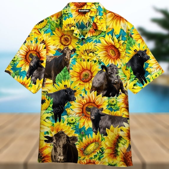 Black Angus Cattle Lovers Sunflower Watercolor Aloha Hawaiian Shirts ...
