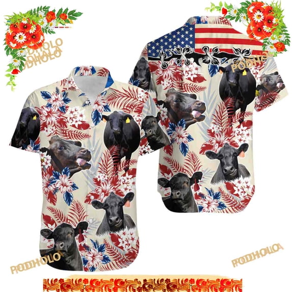 Black Angus Cow Tropical Hawaii Shirt, American Flag Cattle Funny ...