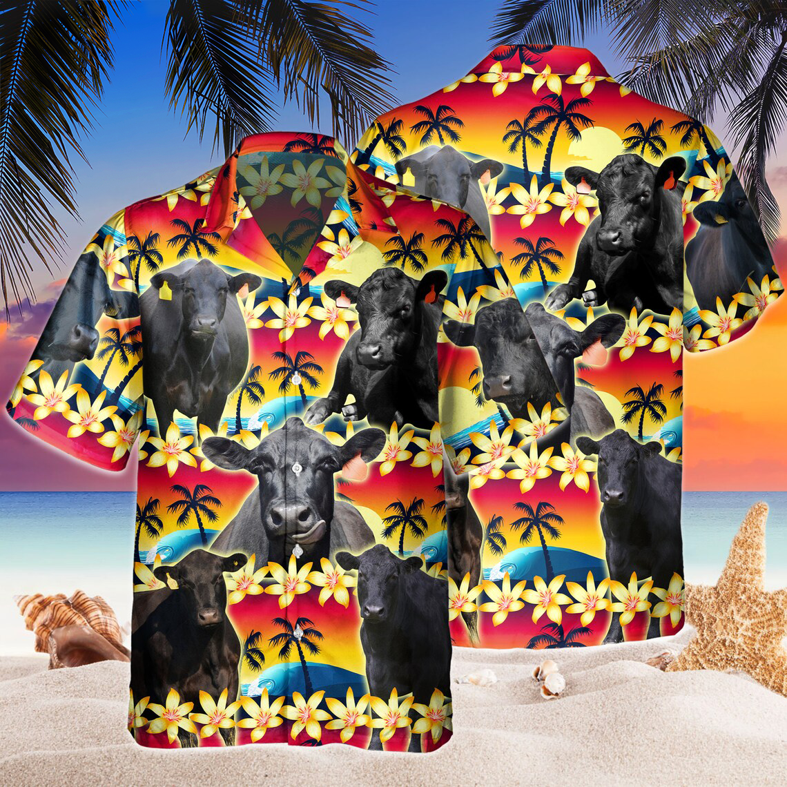 Black Angus Hawaiian Shirt Tropical Sunset Hibiscus And Palm Tree ...