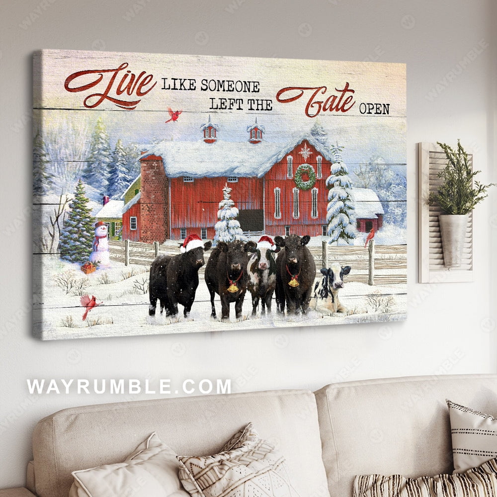 Black Angus Red Barn Painting Snow On Farm Live Like Someone Left The ...