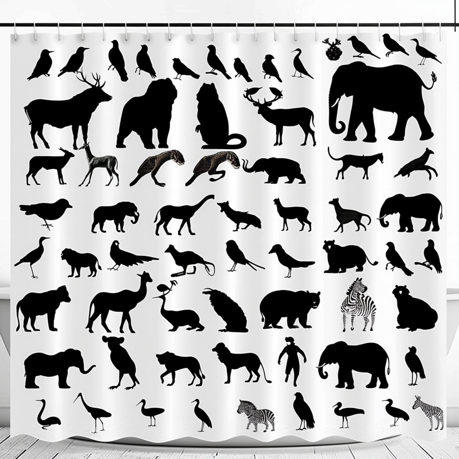 Black Animal Silhouettes Cartoon Style Shower Curtain | Iconographic ...