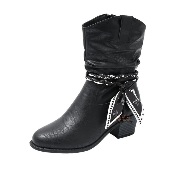 Black Ankle Boots For Womens Mid Heel Casual Western Style Chunky Heel ...
