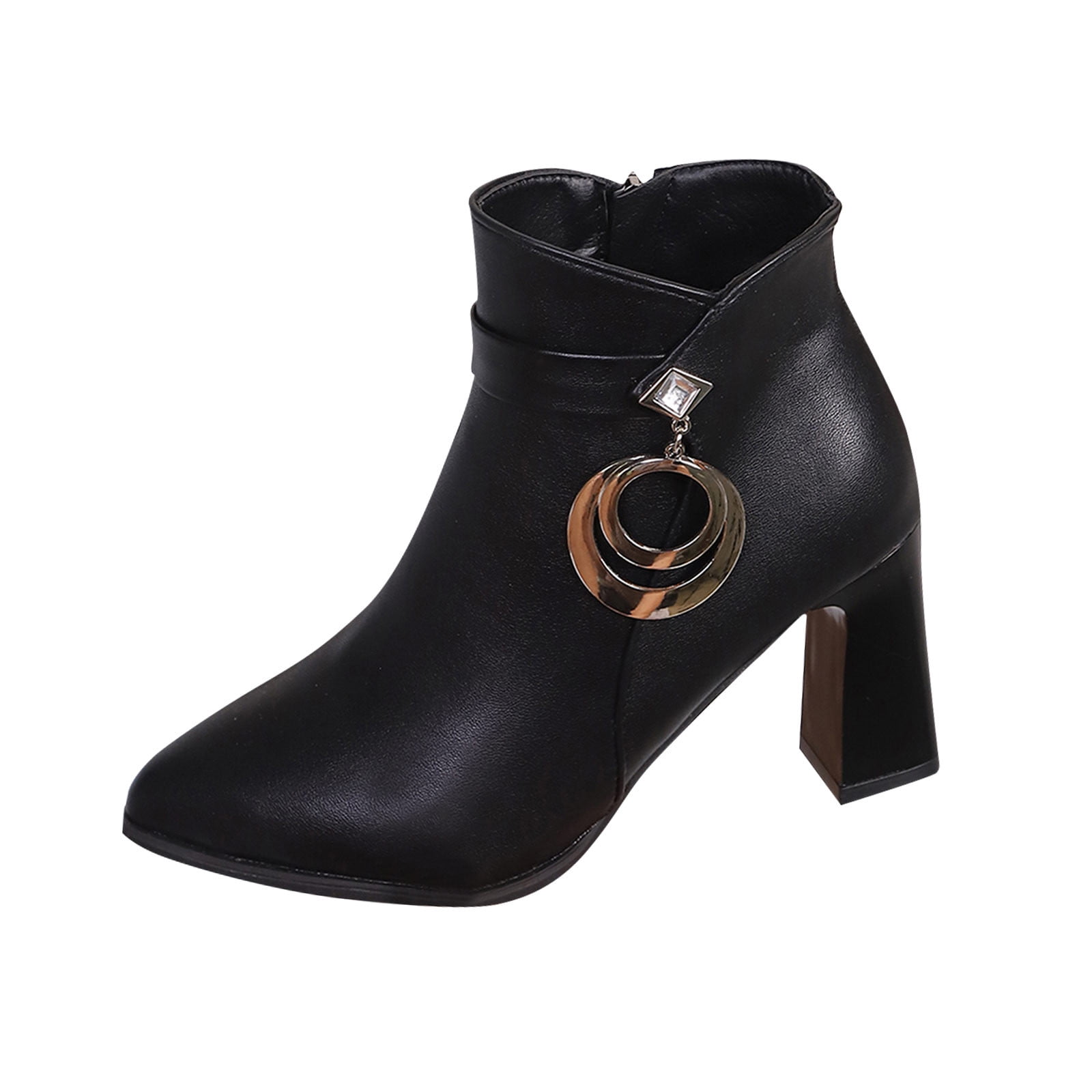 Black Ankle Boots For Women With Pointed Toe And Metal Ring Decor ...