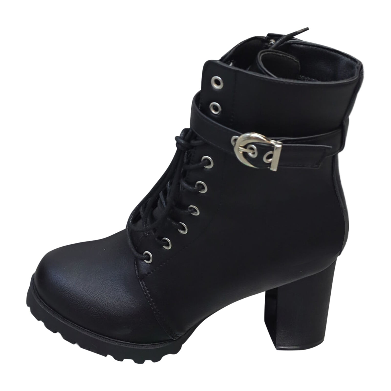 Black Ankle Boots Women Solid Leather Plus Size Side Zipper Belt Buckle ...