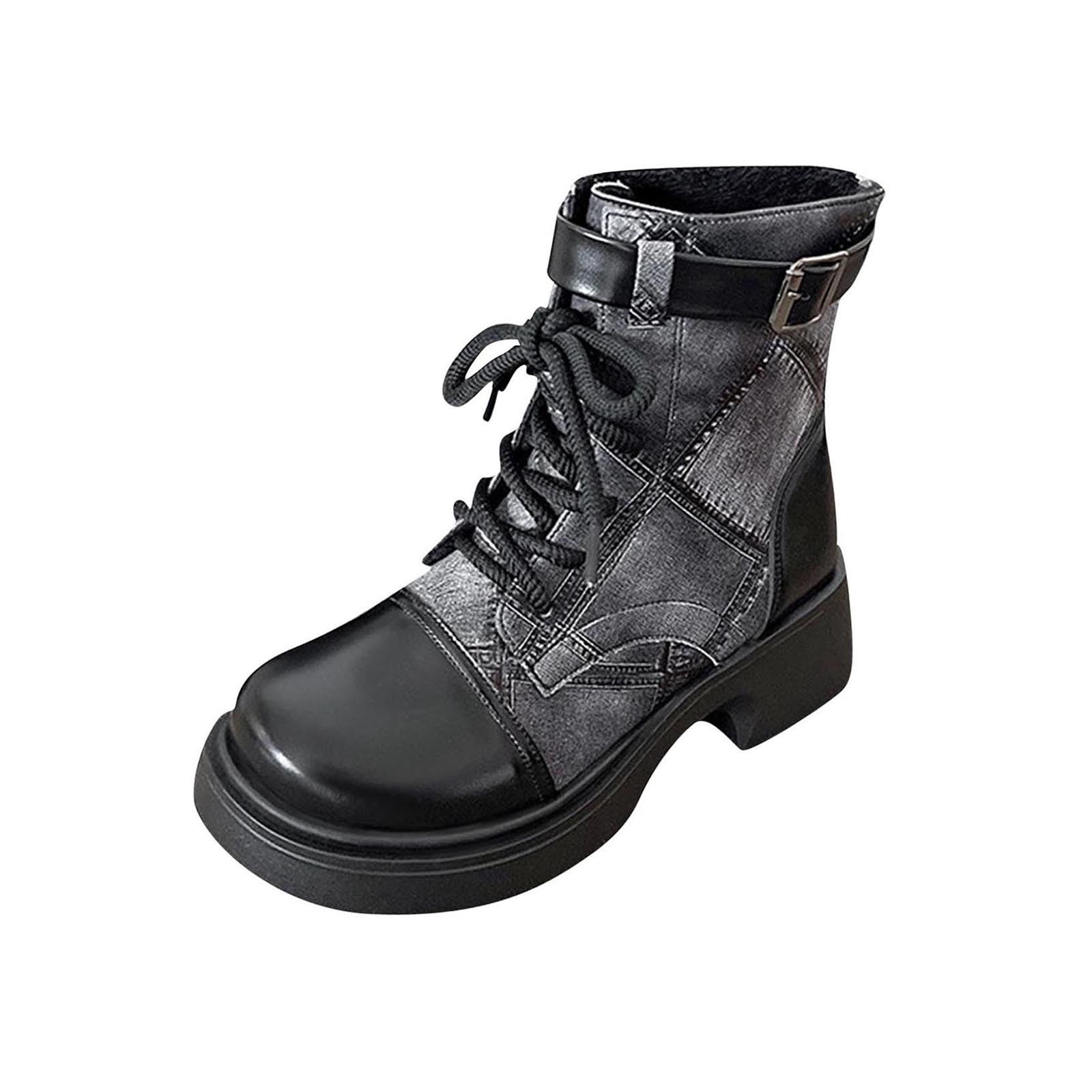 Black Ankle Boots For Womens Laced Casual Short Boots With Chunky Heel ...