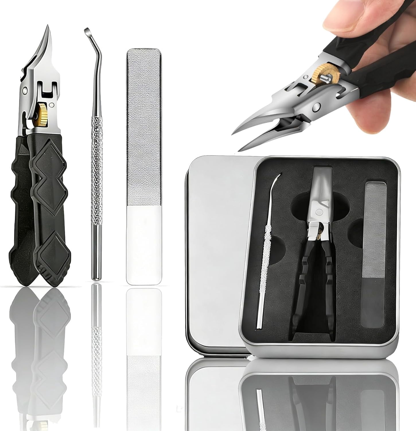 Black Anti-Slip Grip Gear Lock Nail Clipper Set with Ultra-Sharp Tips ...
