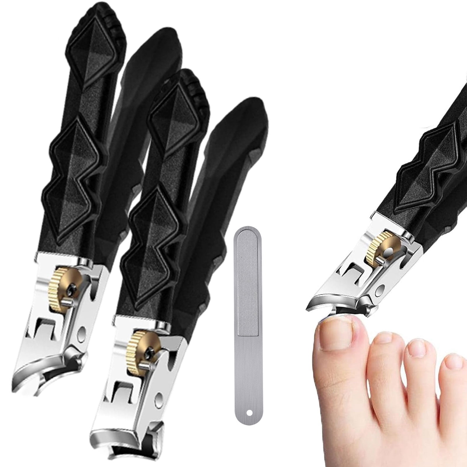 Black Anti-Slip Grip Gear Lock Nail Clipper Set, Wide Jaw Slanted Head ...