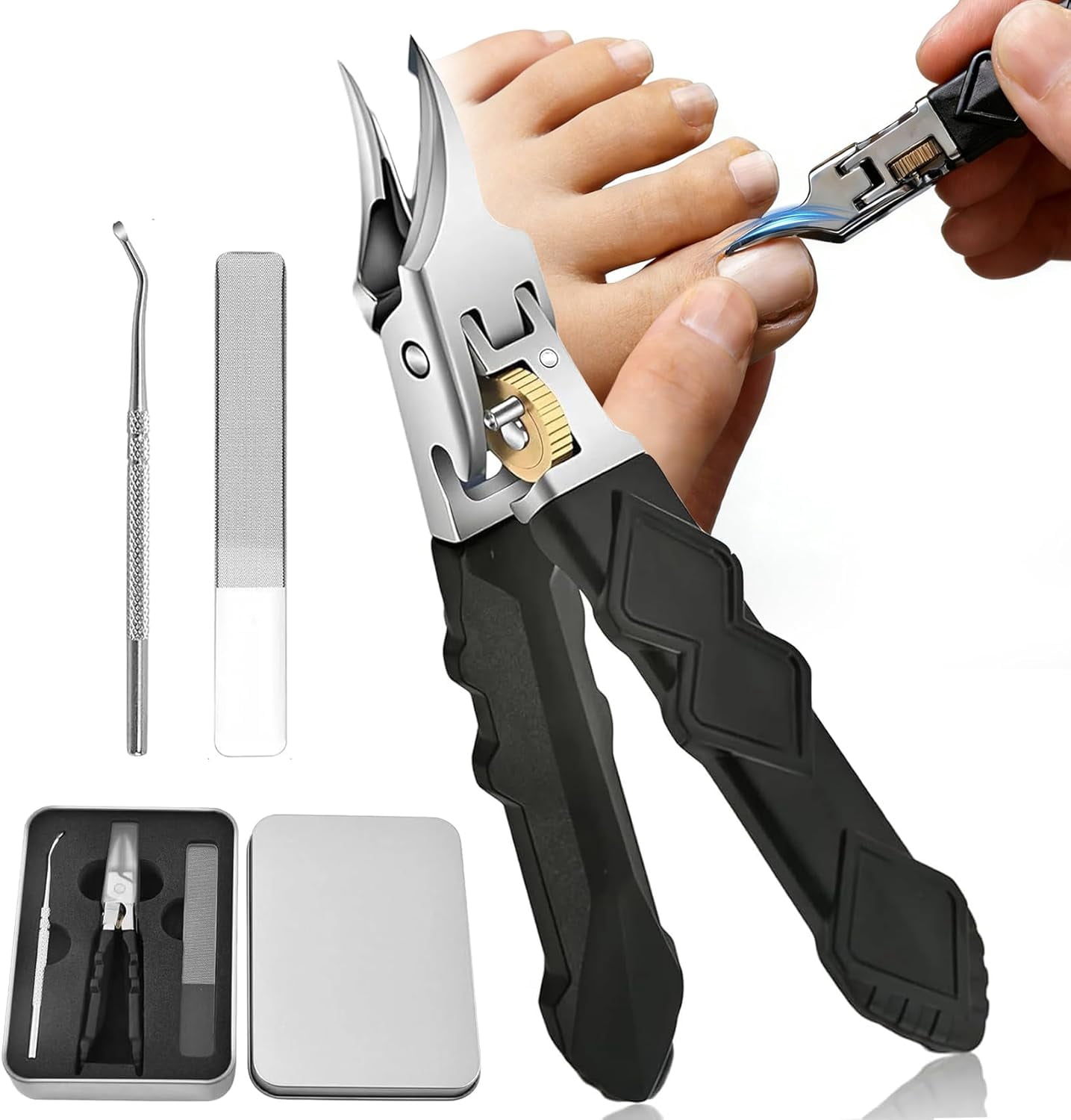 Black Anti-Slip Grip Gear Lock Nail Clipper Set with Ultra-Sharp Curved ...