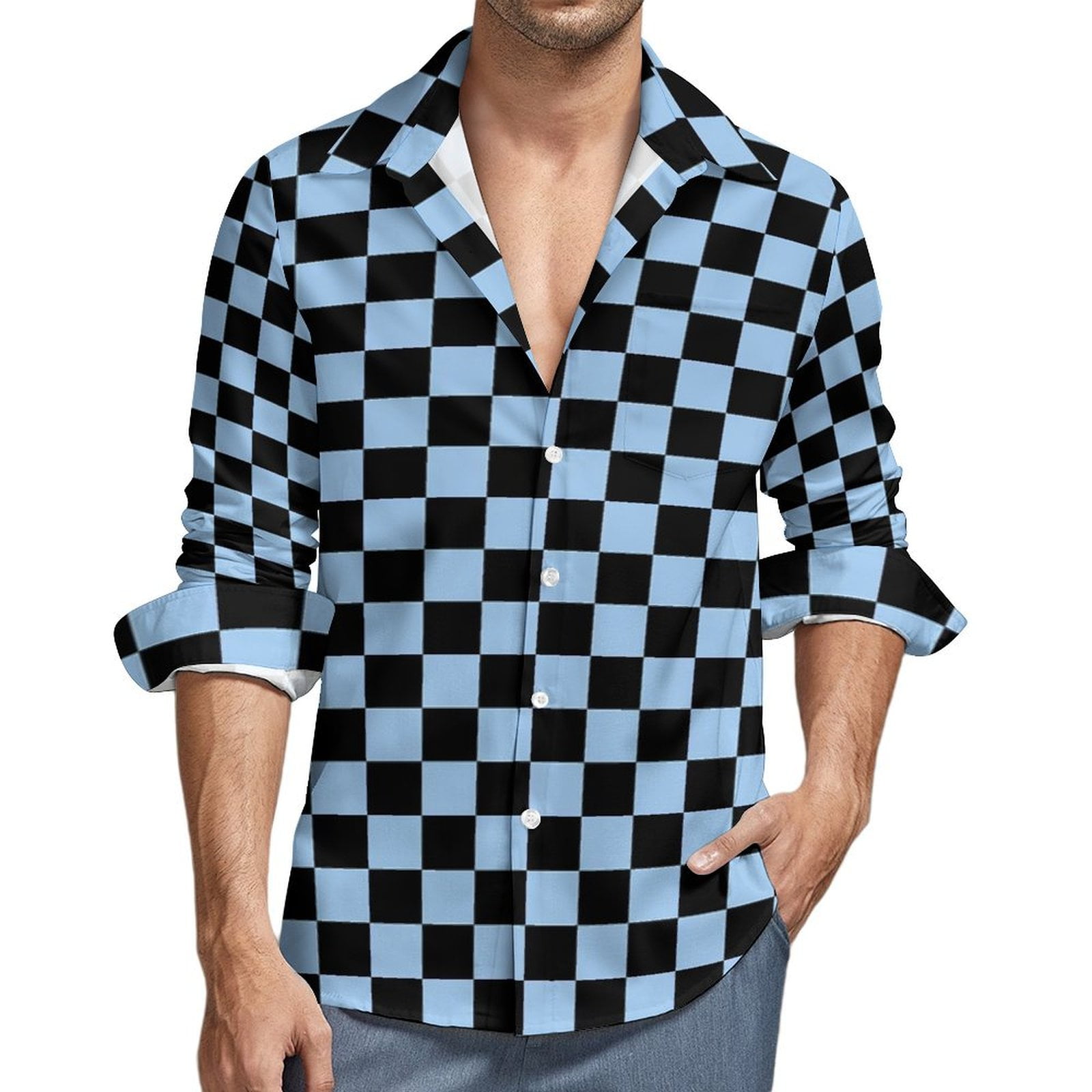 Black Aqua Yellow Checkerboard Pattern Hawaiian Shirt for Men Long ...