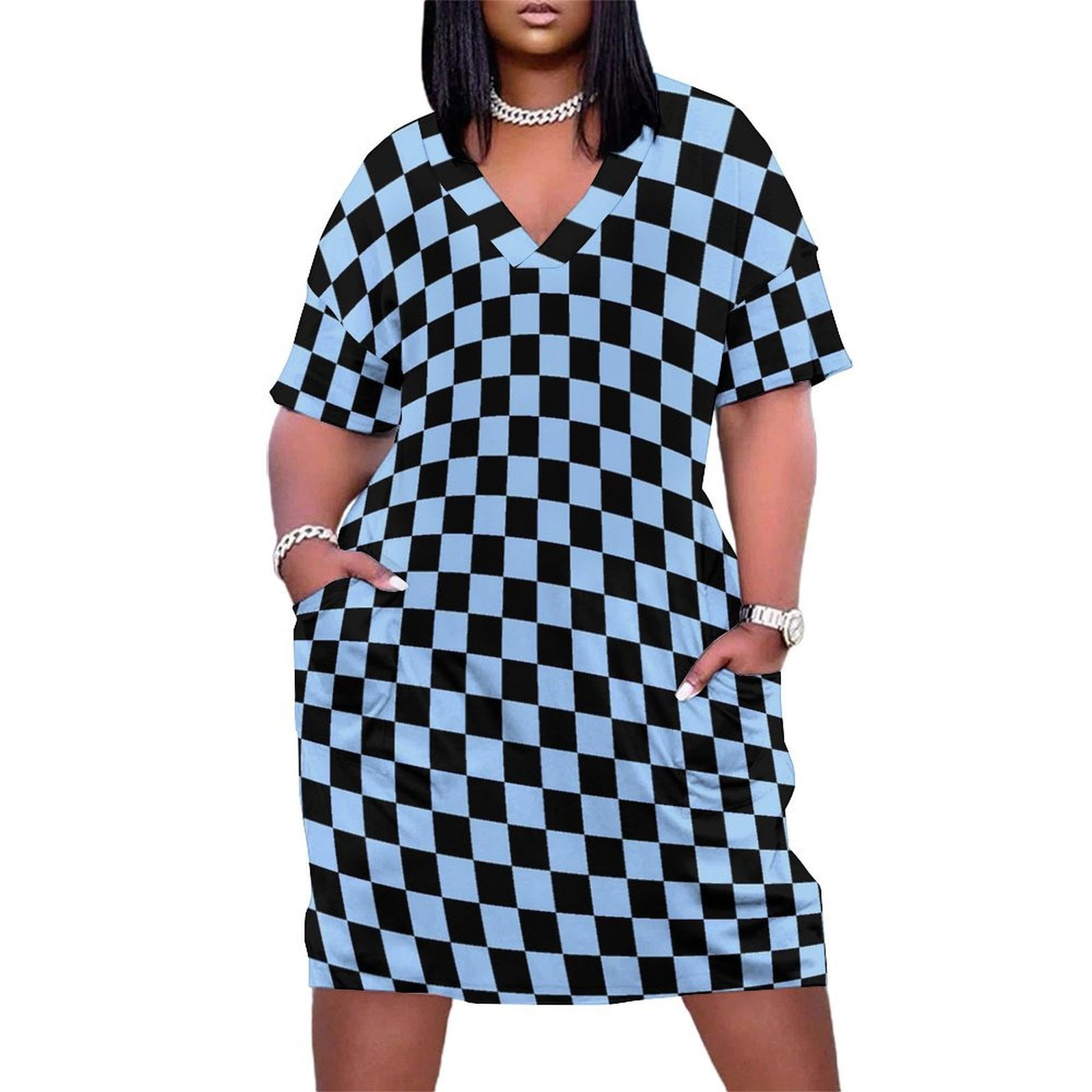 Black Aqua Yellow Checkerboard Pattern Loose Pocket Dress Dresses ...
