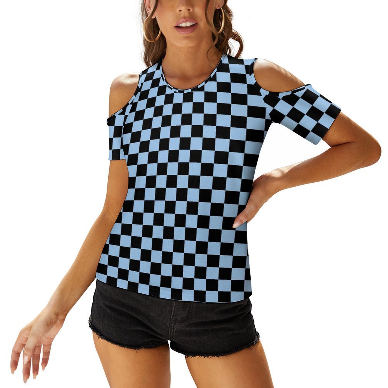 Black Aqua Yellow Checkerboard Pattern Women's Off Shoulder Tops Casual ...