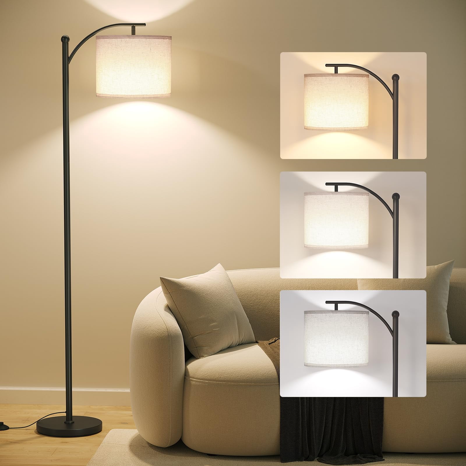 Black Arc Floor Lamp With 3 Color Temperatures, Adjustable Tall ...