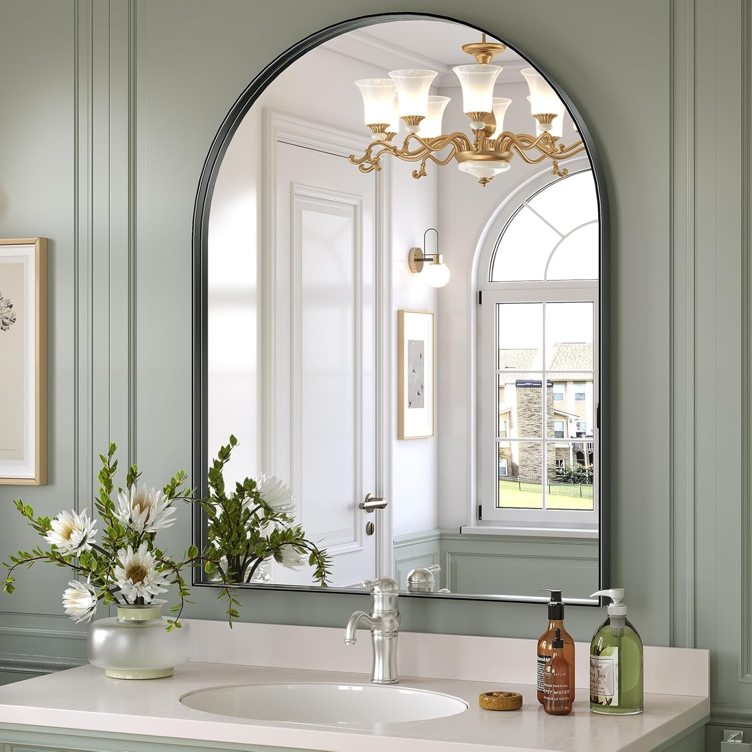 Black Arched Mirror, 32 x 42 Inch Arch Wall Mirror, Metal Frame Black Bathroom Mirror, Arched ...