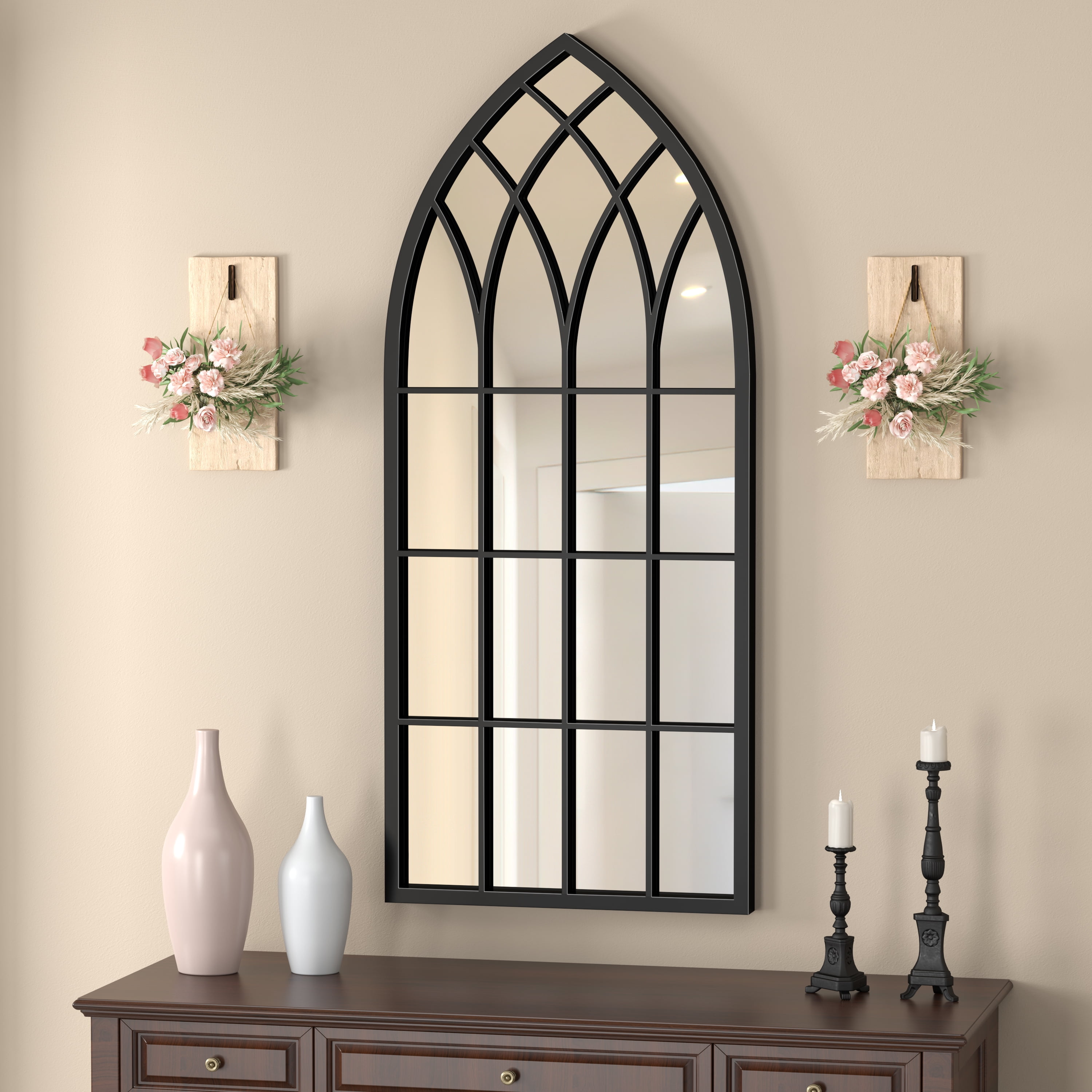 Black Arched Pane Wall Mirror - Large Farmhouse Cathedral Window Mirror ...