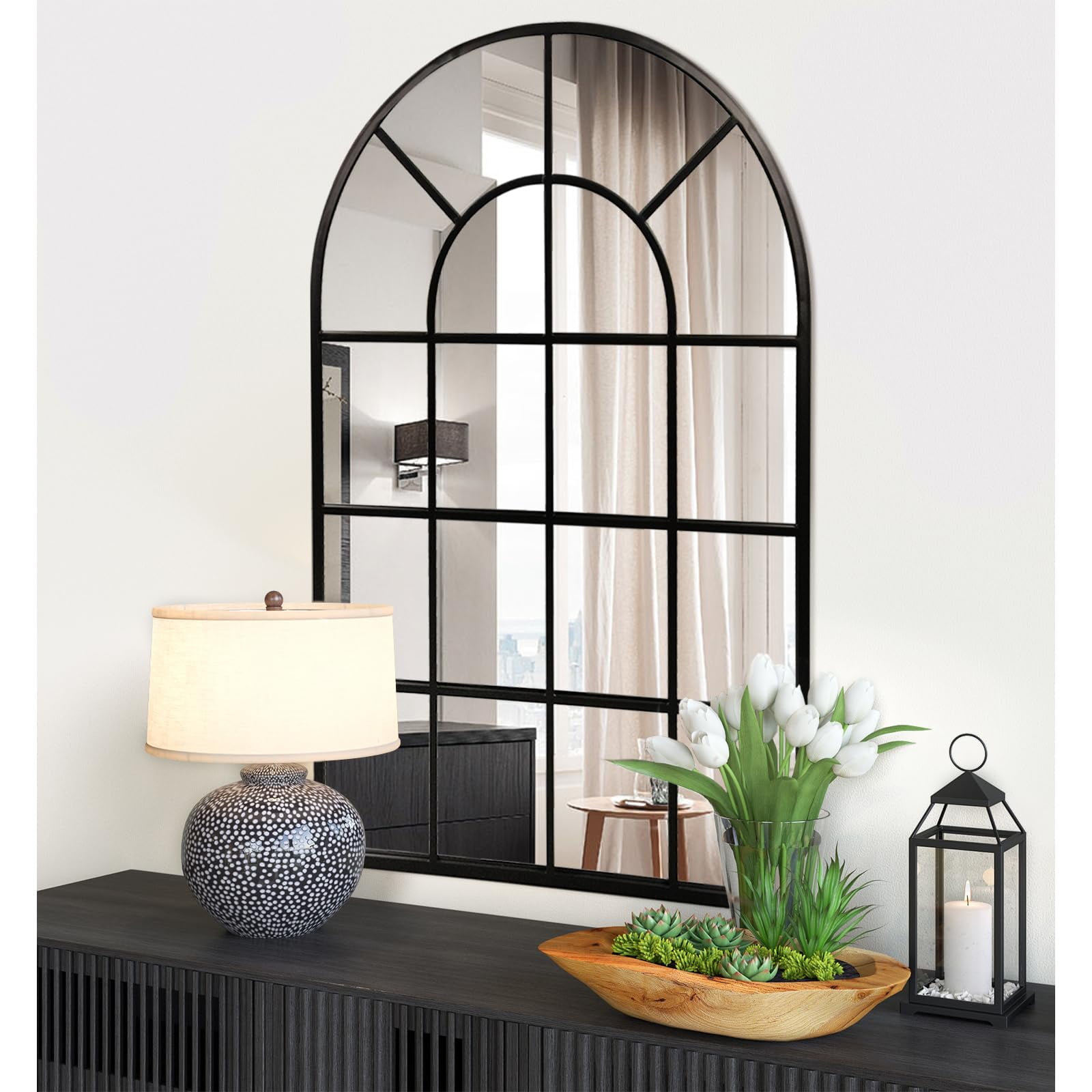 Black Arched Window Mirror, Large Window pane Mirror, Metal Framed ...