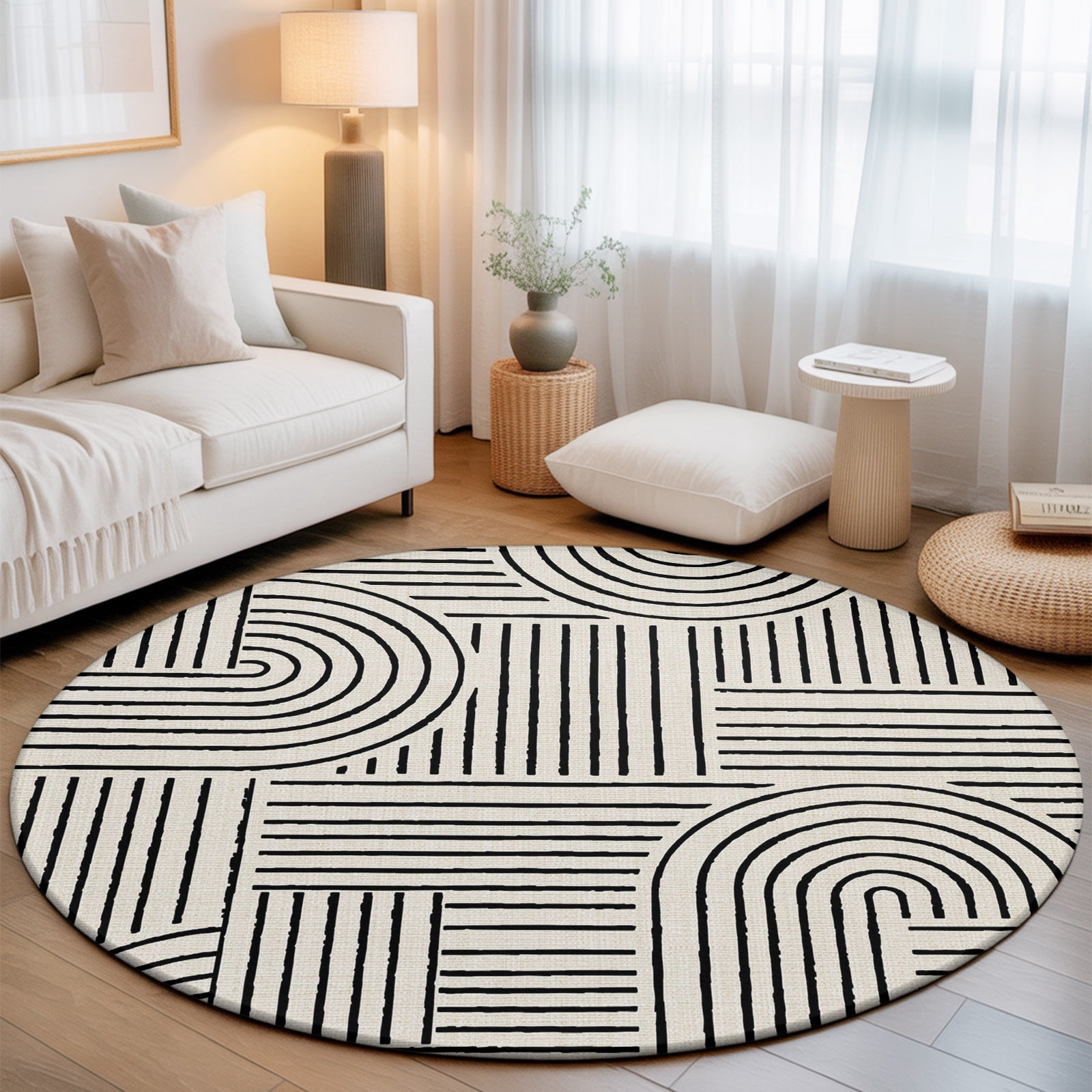 Black Arches Round Living Room Rugs 8 ft, Abstract Modern Minimalist ...
