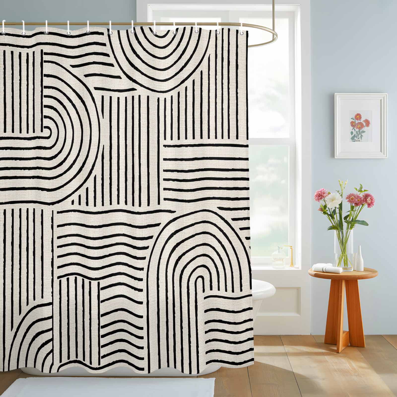 Black Arches Shower Curtain, Abstract Modern Minimalist Curves Line ...